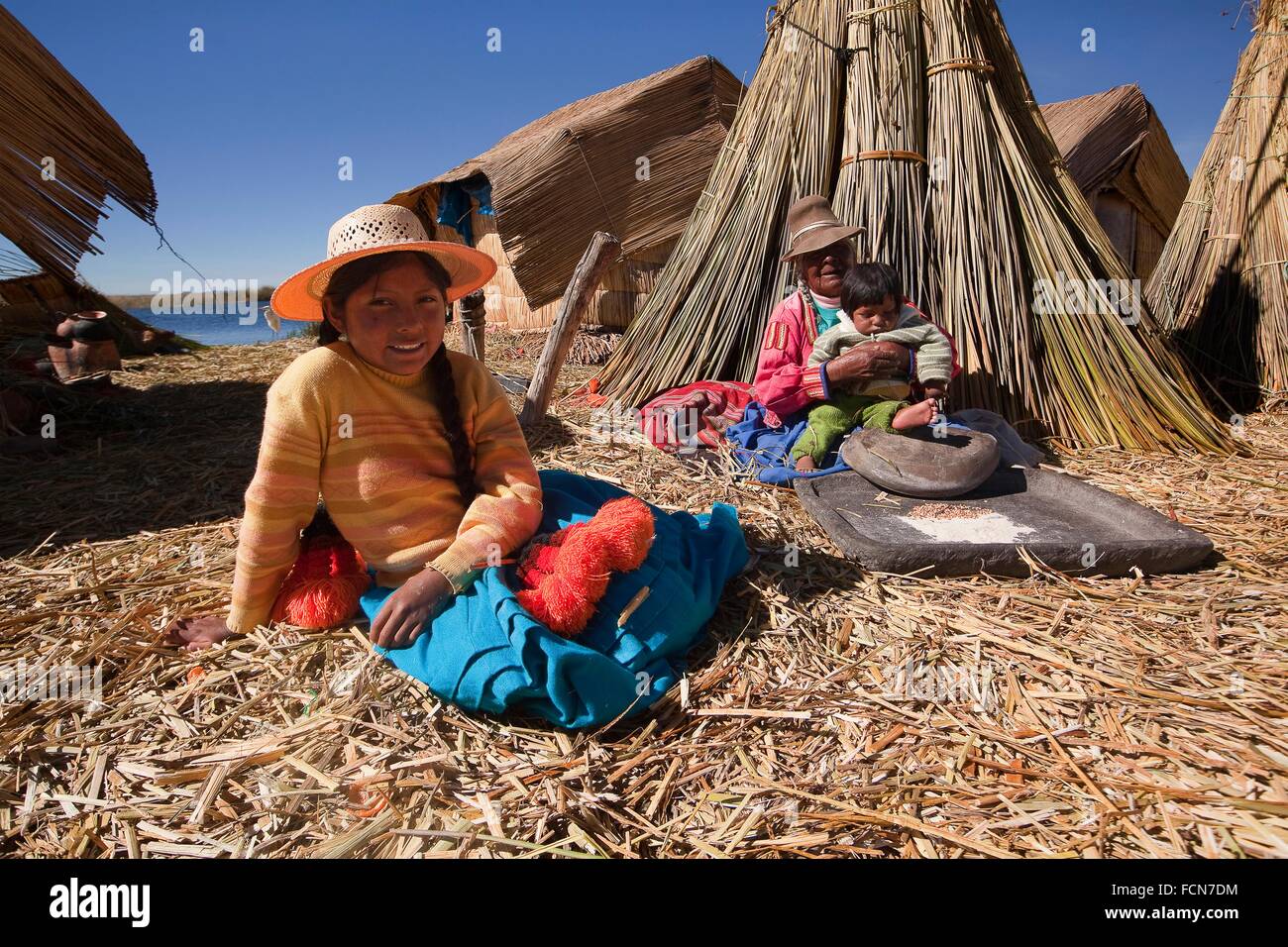 Scene from the daily life of a Aymara family, Uros Islands, Lake ...