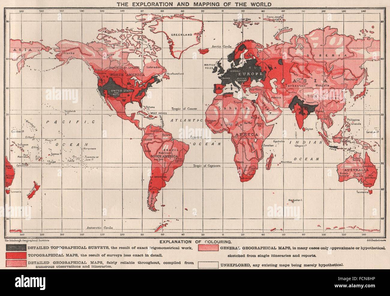 WORLD: Showing the extent of exploration and mapping. BARTHOLOMEW, 1901 ...