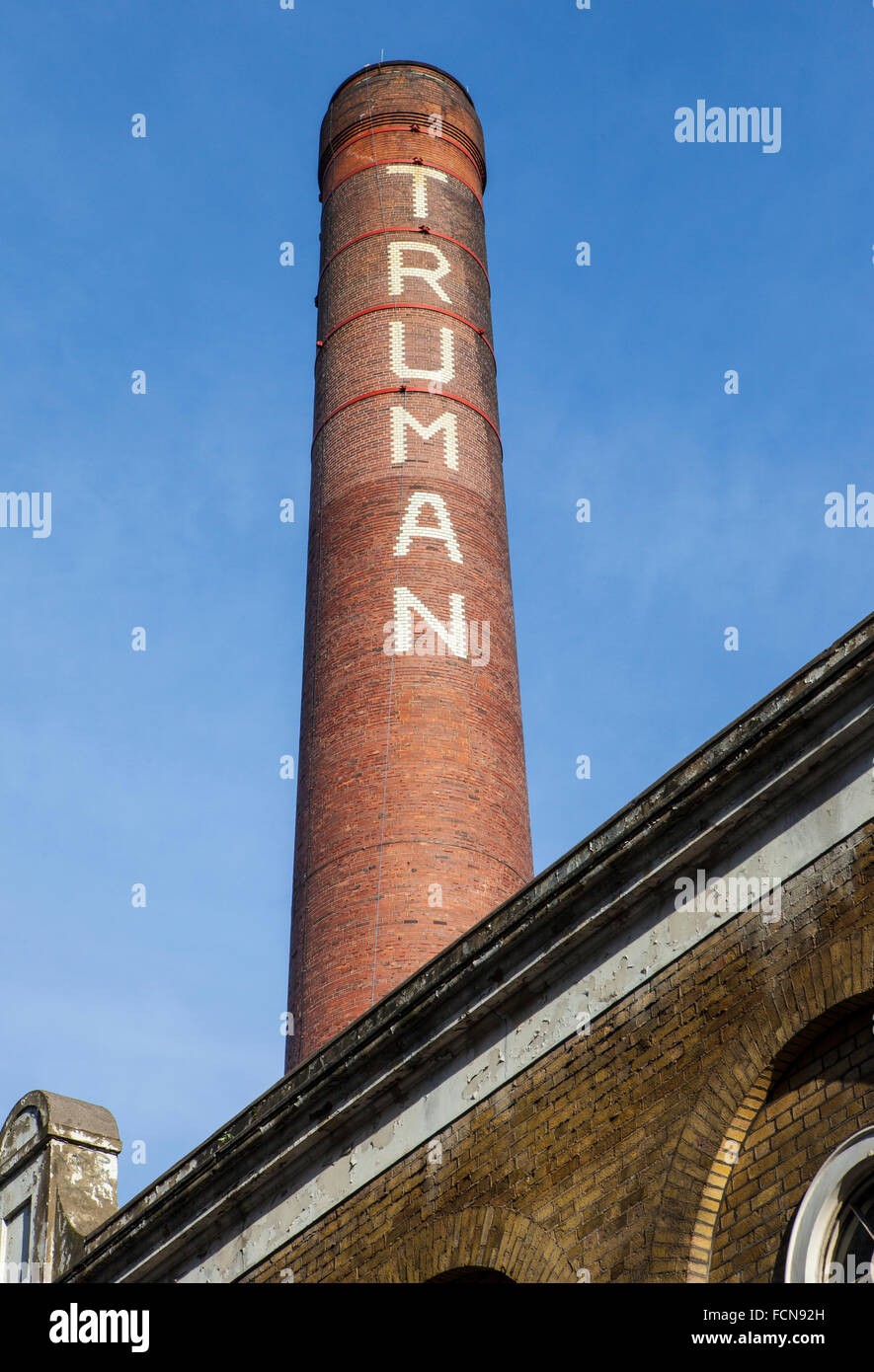 The chimney of the old Truman’s Brewery building in Brick Lane, London ...