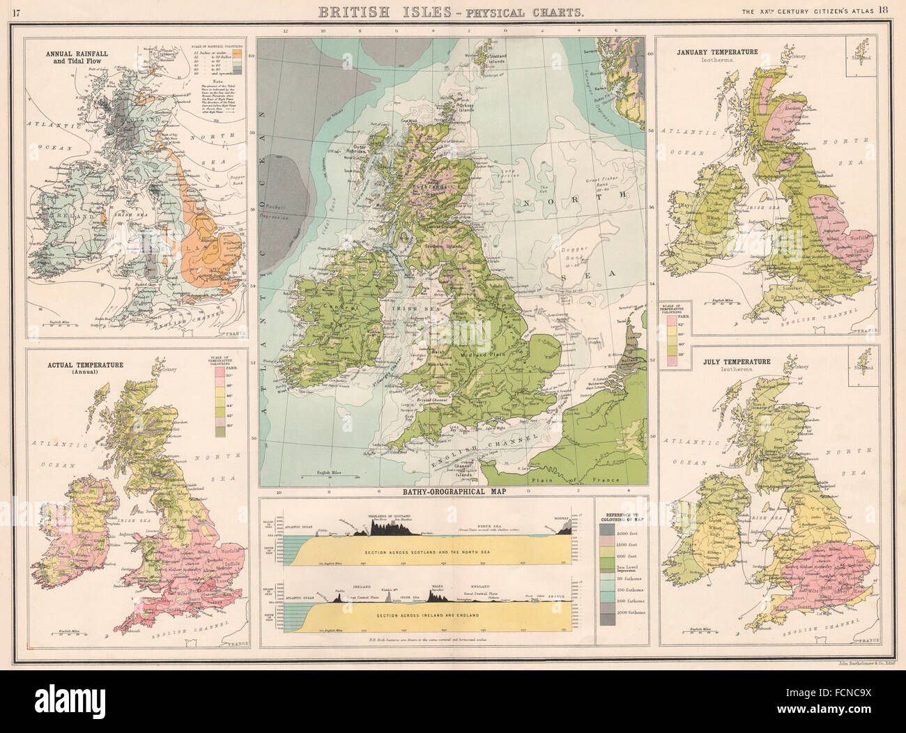 BRITISH ISLES PHYSICAL: Rainfall Tidal Flow Temperature W-E Sections ...