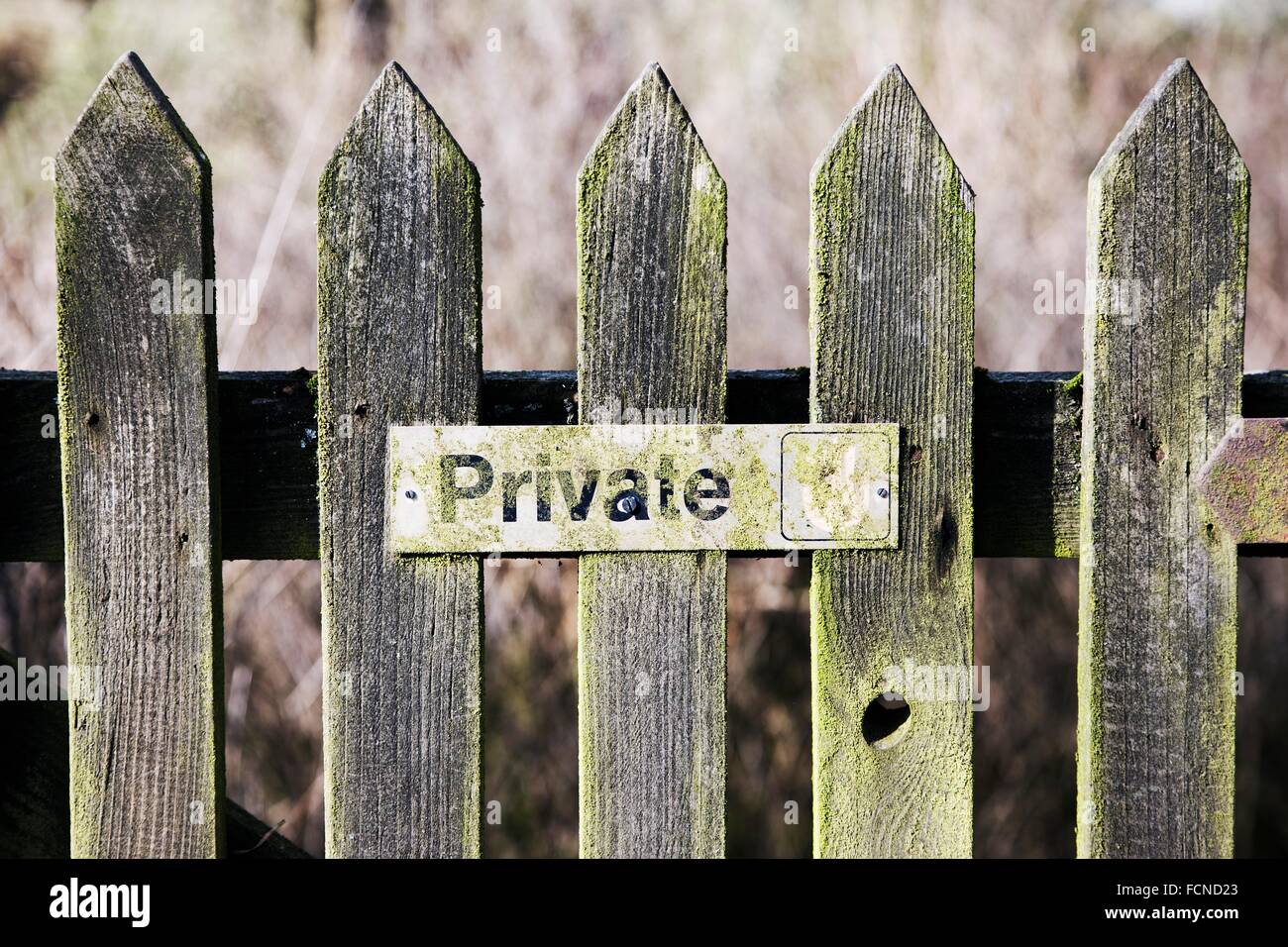 Weathered wooden gate with private sign Stock Photo - Alamy