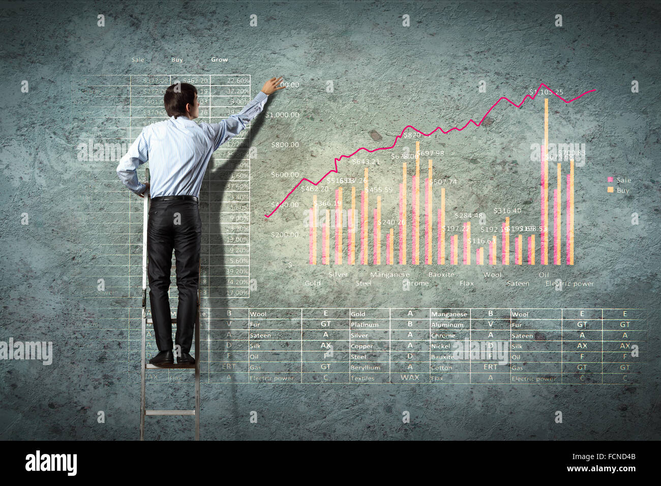businessman standing on ladder drawing diagrams and graphs Stock Photo ...