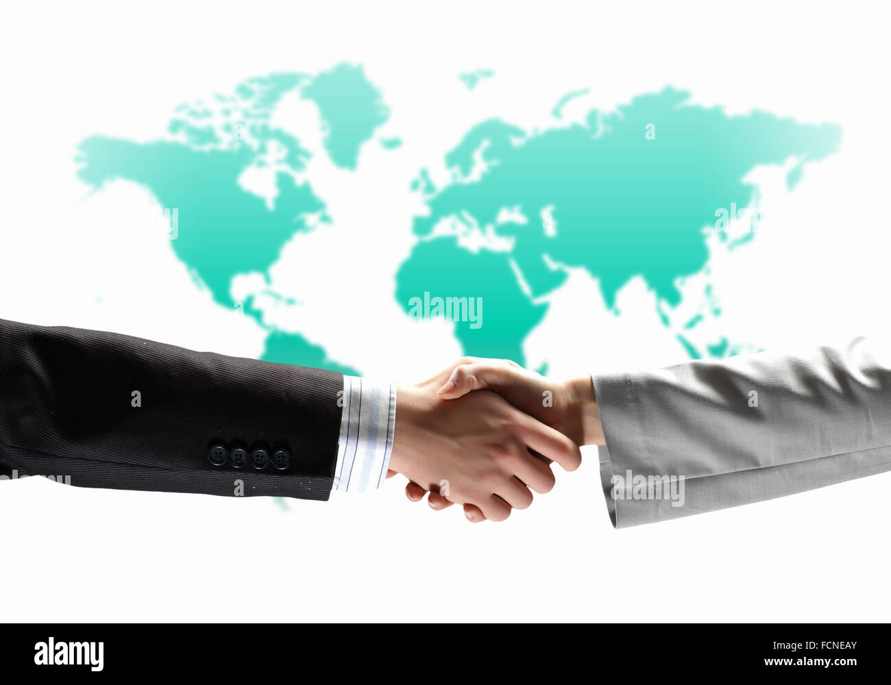 business handshake against white background with map image Stock Photo ...