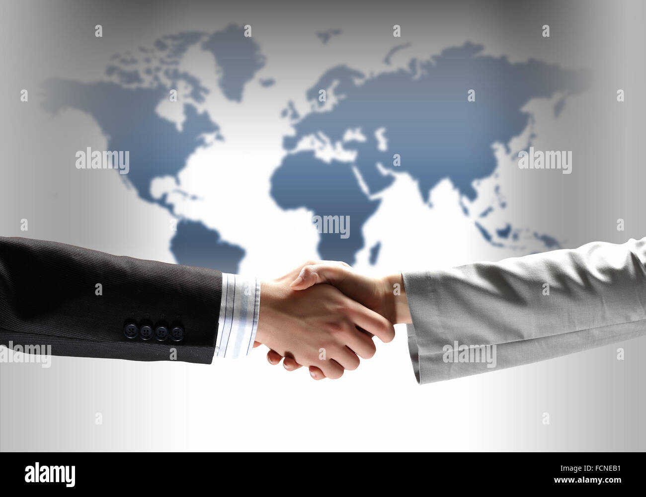 business handshake against white background with map image Stock Photo ...