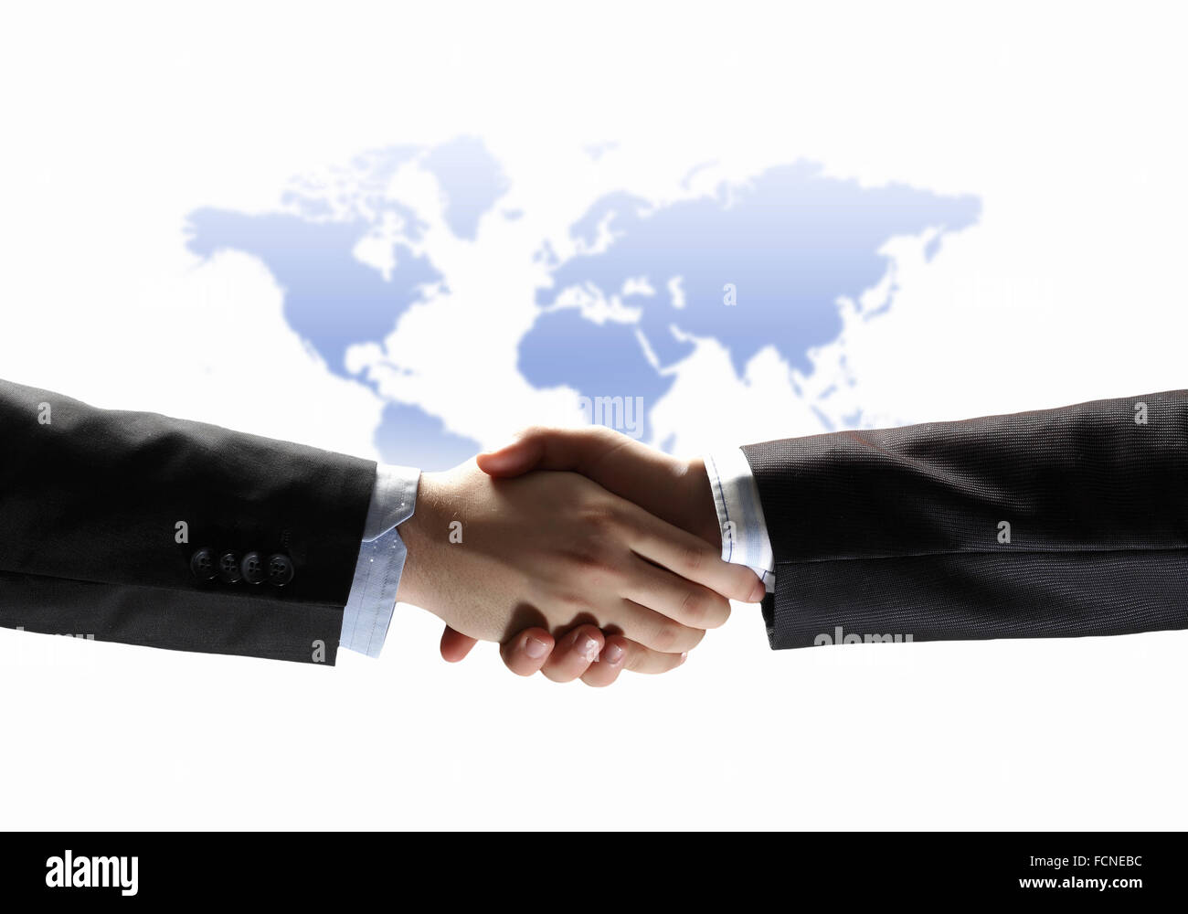 business handshake against white background with map image Stock Photo ...