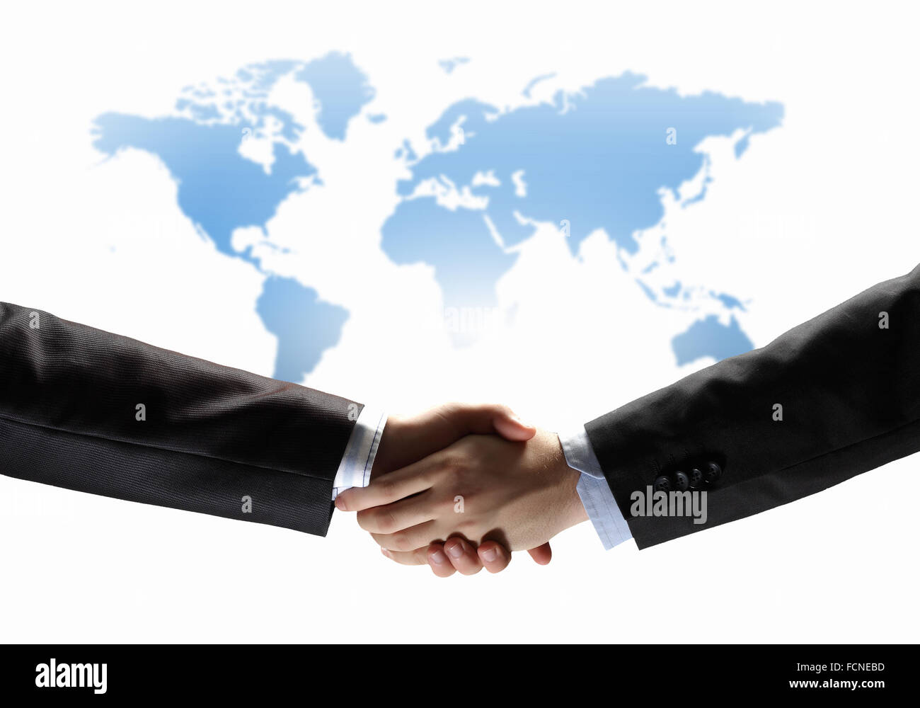 business handshake against white background with map image Stock Photo ...