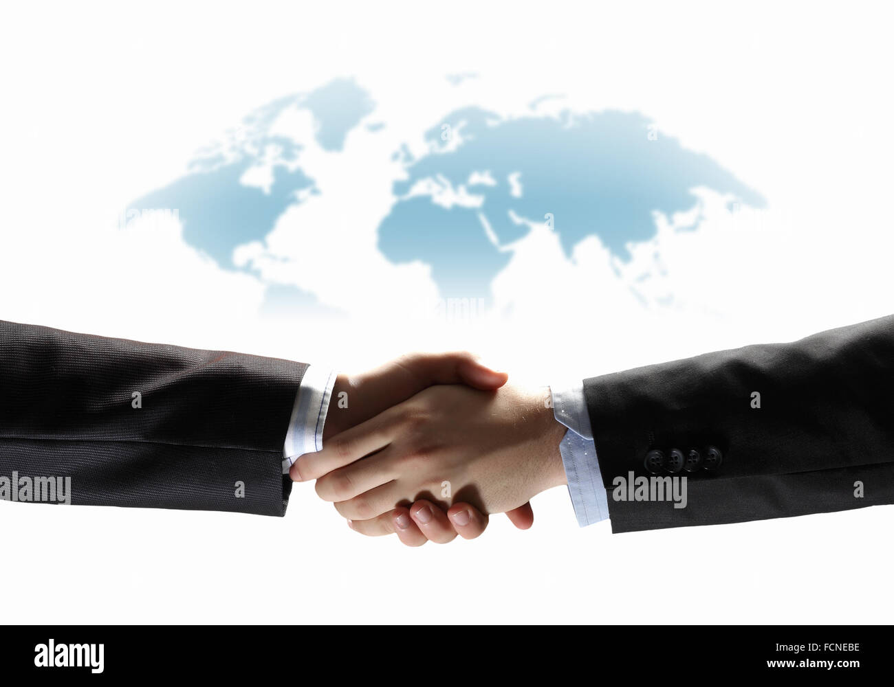 business handshake against white background with map image Stock Photo ...