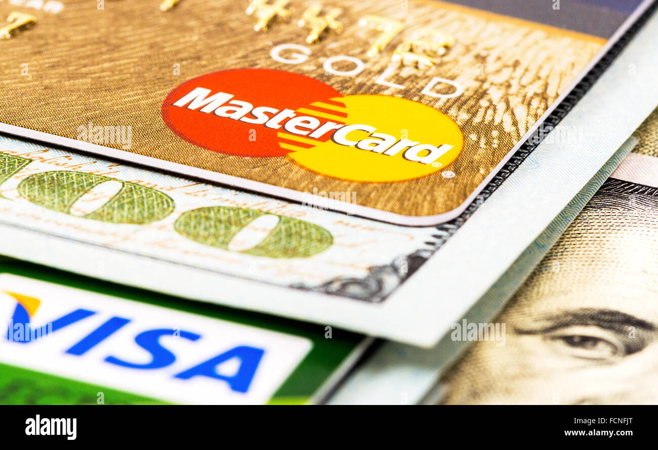American dollar bills with credit cards Visa and MasterCard Stock Photo ...