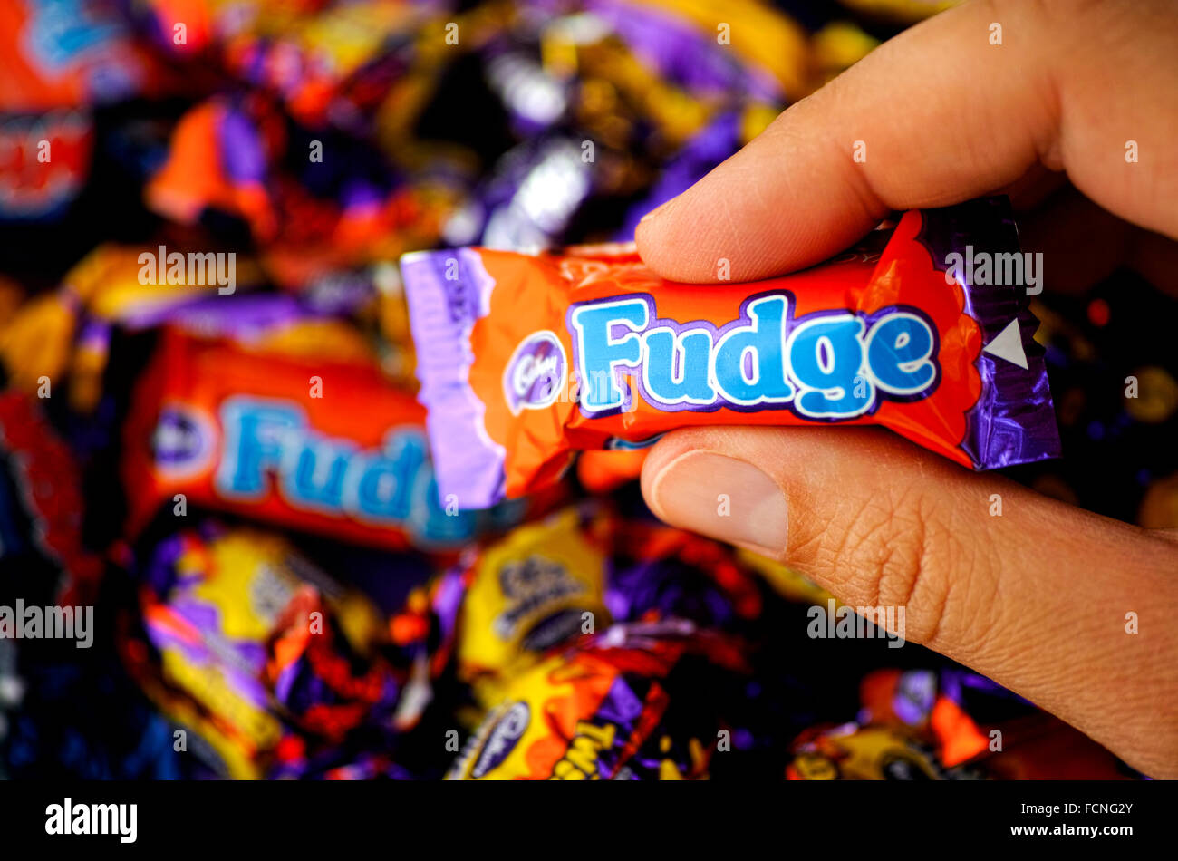 Paphos, Cyprus - November 27, 2015 Cadbury Fudge candy in womans hand ...