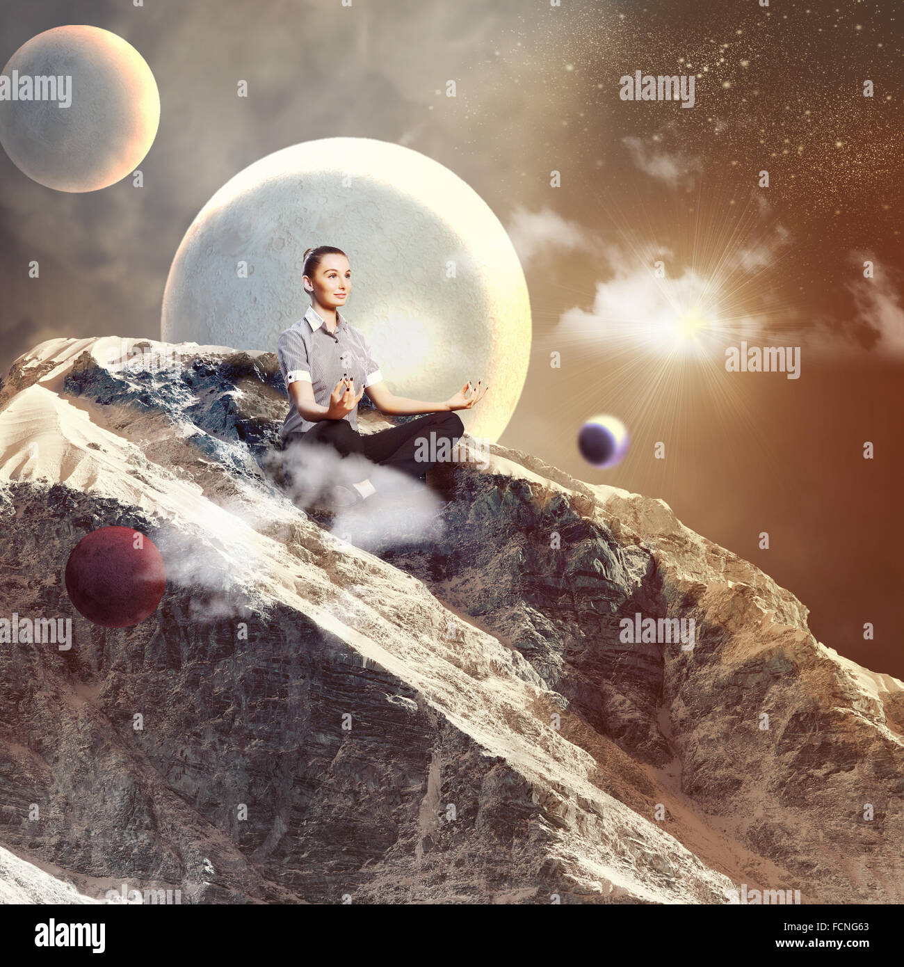 Businesswoman sitting in lotus flower position against space background ...