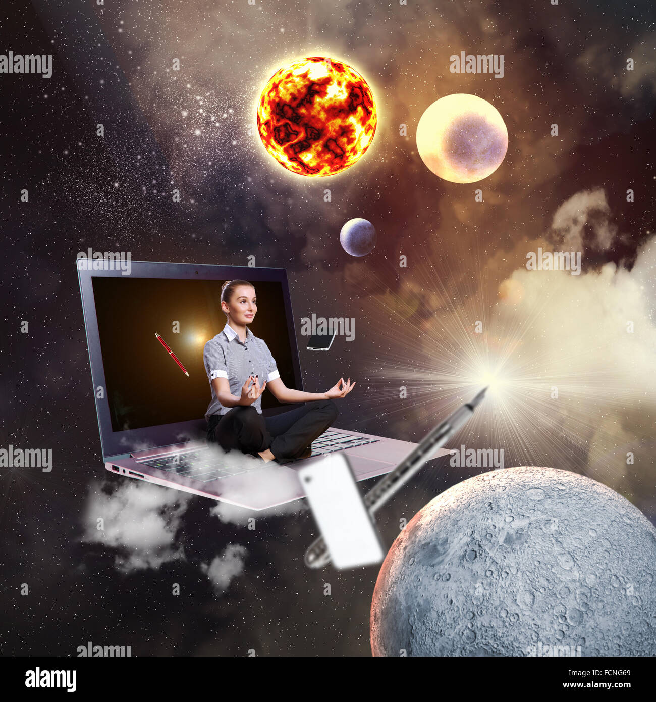 Businesswoman sitting in lotus flower position against space background ...