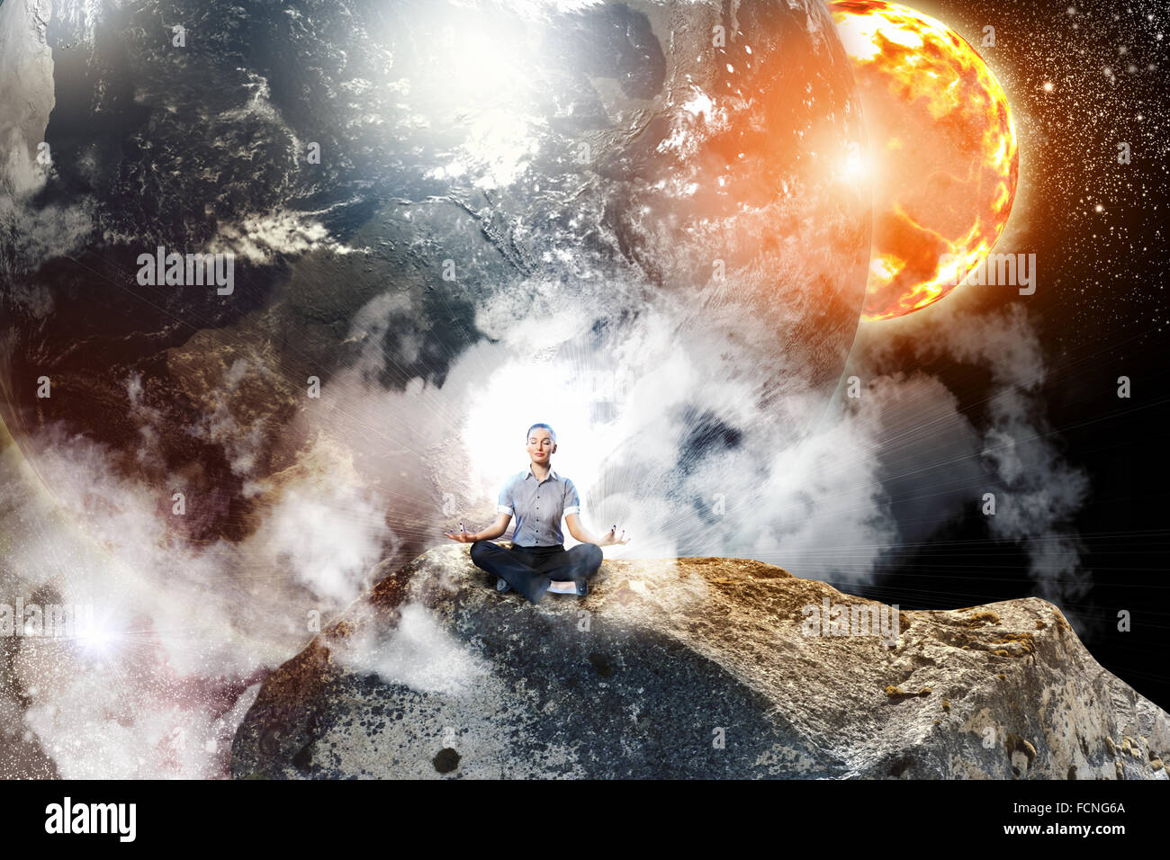 Businesswoman sitting in lotus flower position against space background ...