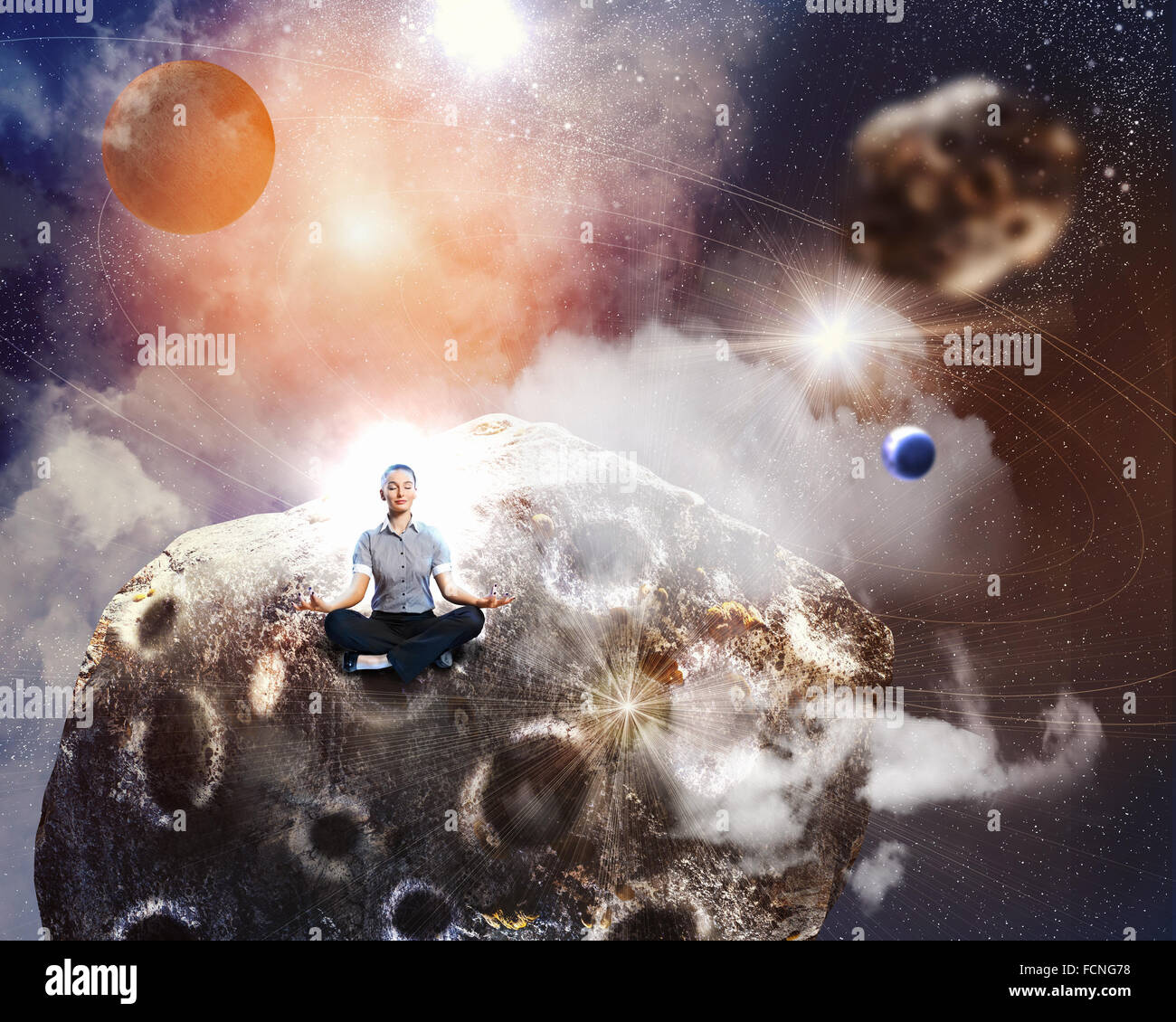 Businesswoman sitting in lotus flower position against space background ...