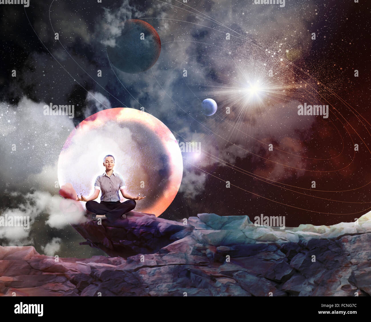 Businesswoman sitting in lotus flower position against space background ...