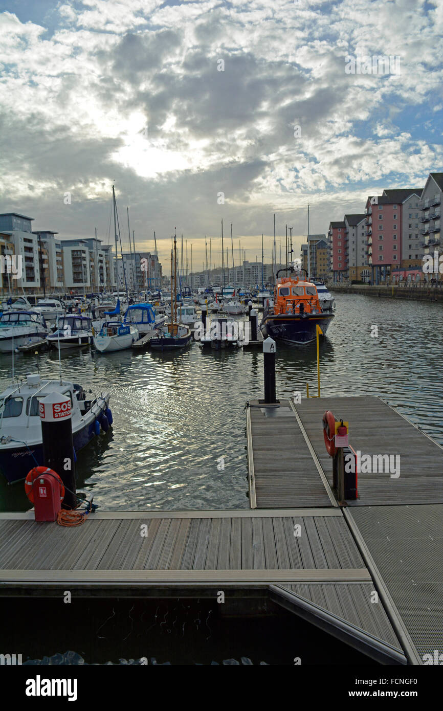 UK. Portishead Quays Marina with boats yachts and Lifeboat moored in ...