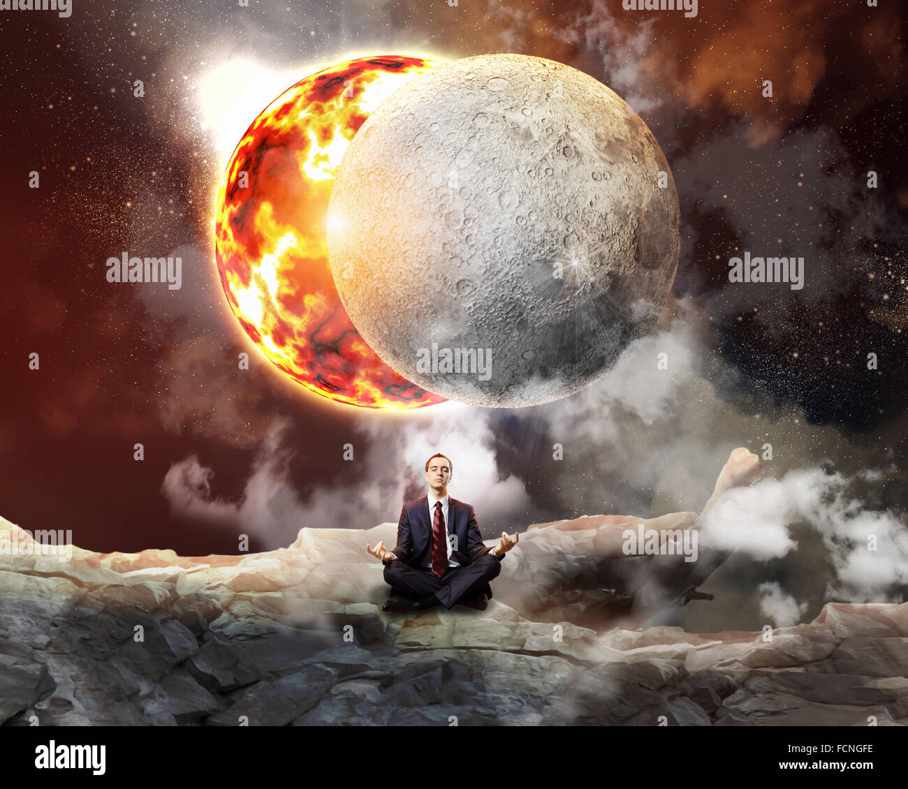 Businessman sitting in lotus flower position against space background ...