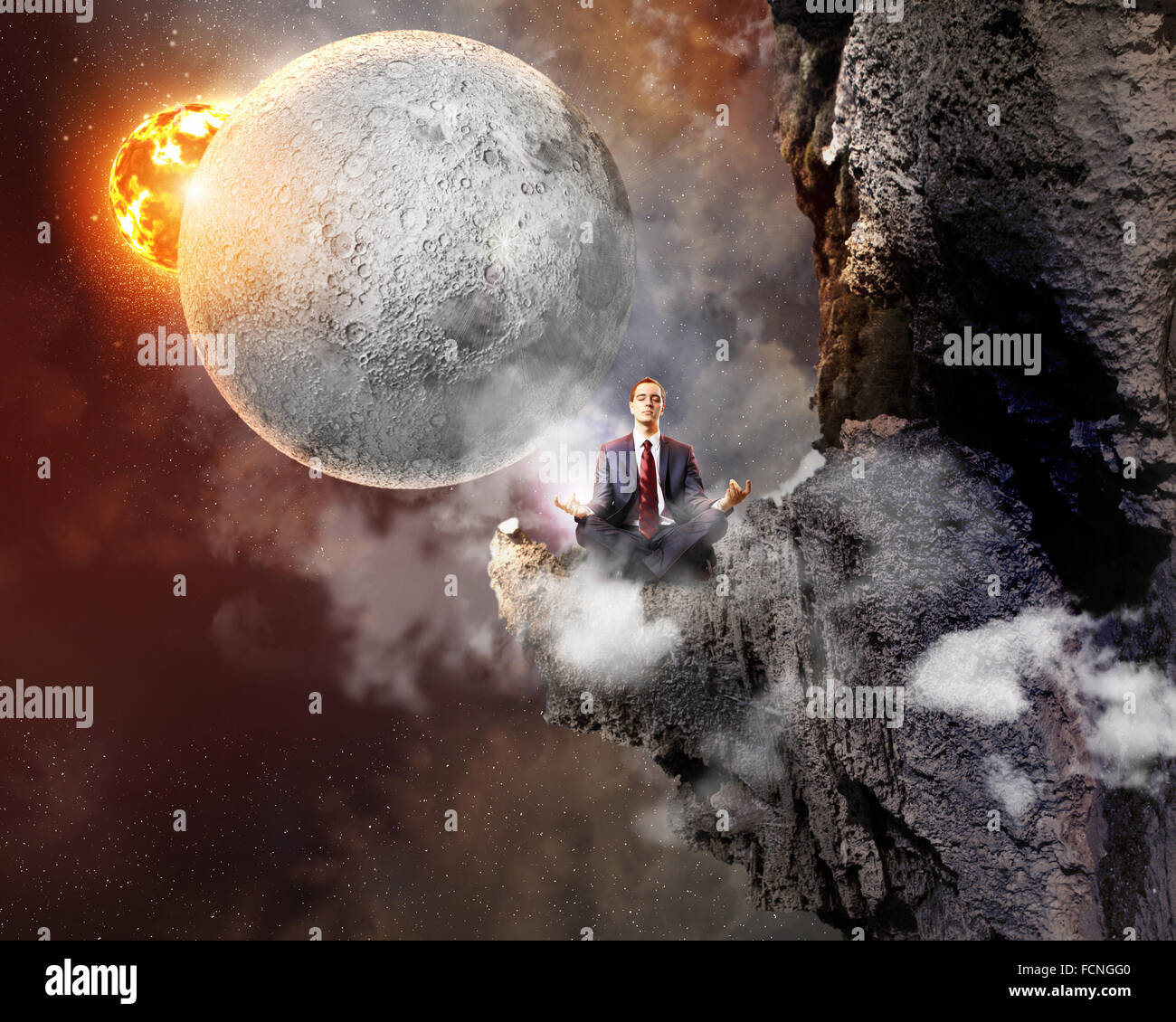 Businessman sitting in lotus flower position against space background ...