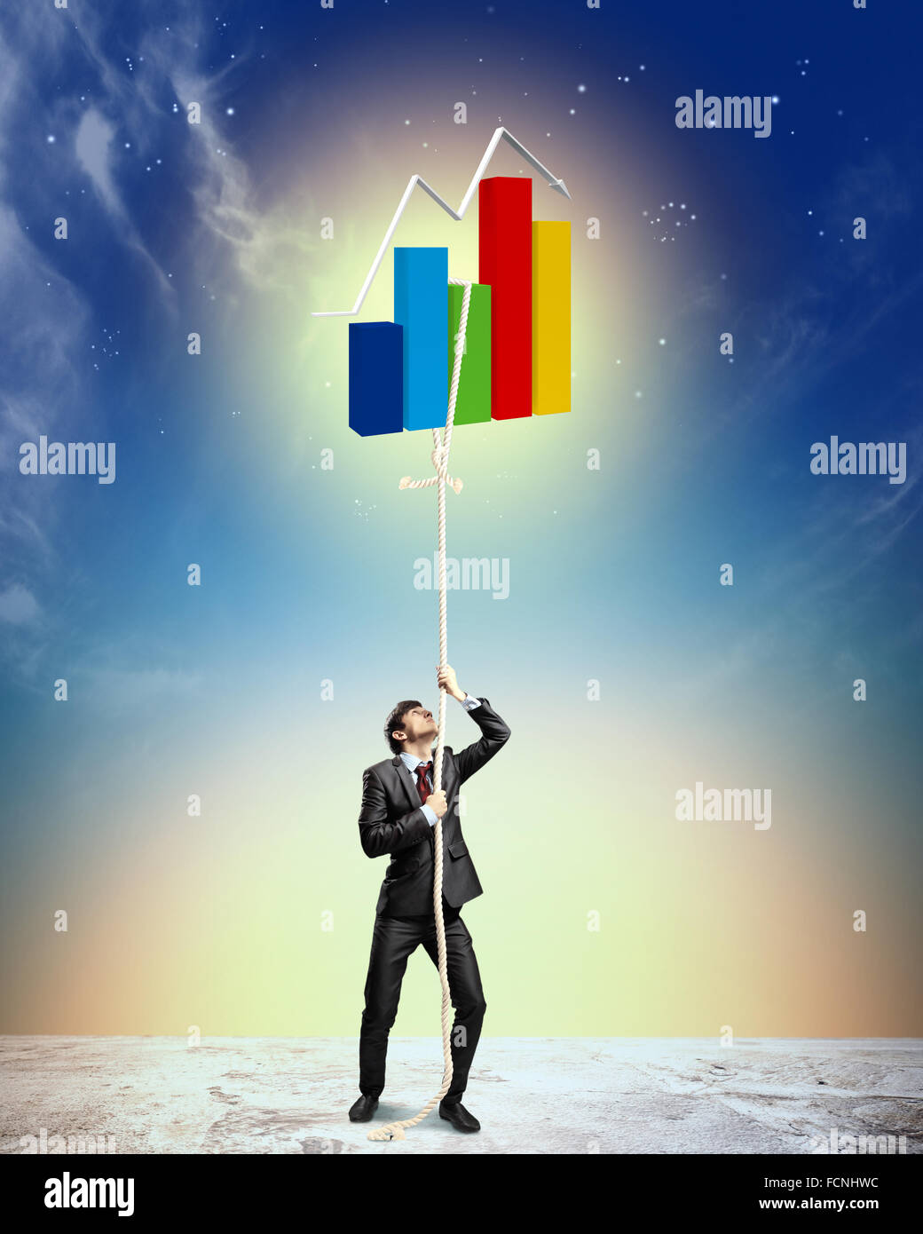 Image of businessman climbing rope attached to diagram aloft Stock ...