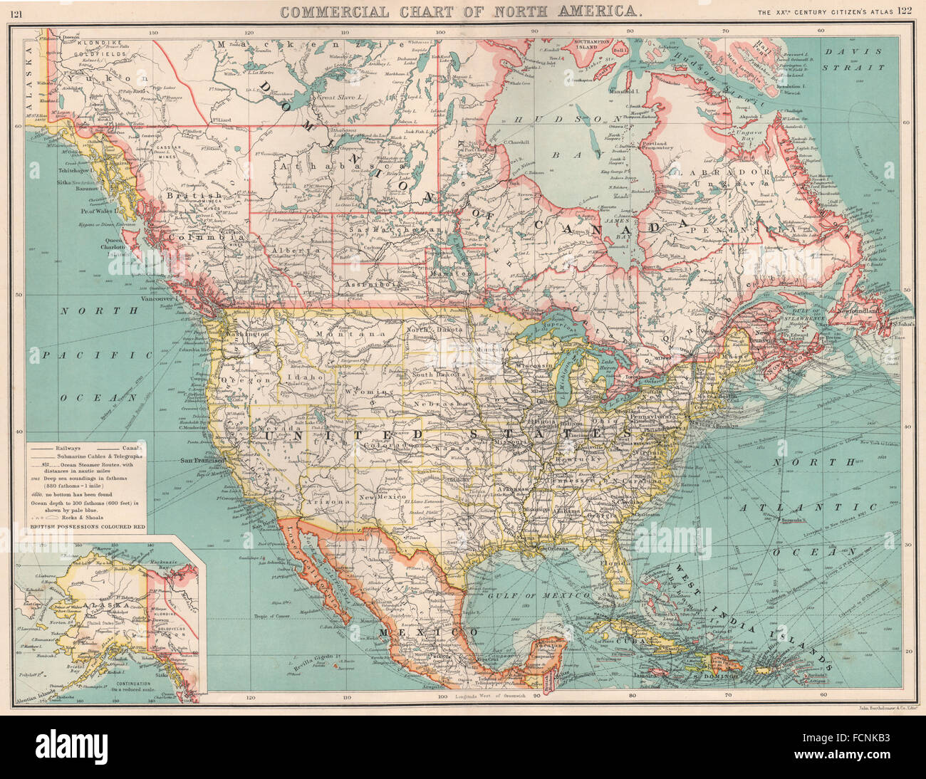 NORTH AMERICA COMMERCIAL:Steamer routes Telegraph cables Railways Canal ...