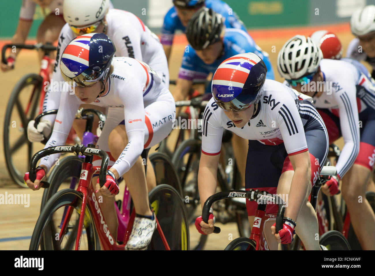 London, UK. 23rd Jan, 2016. Team GB riders Laura Trott and Emily Nelson ...