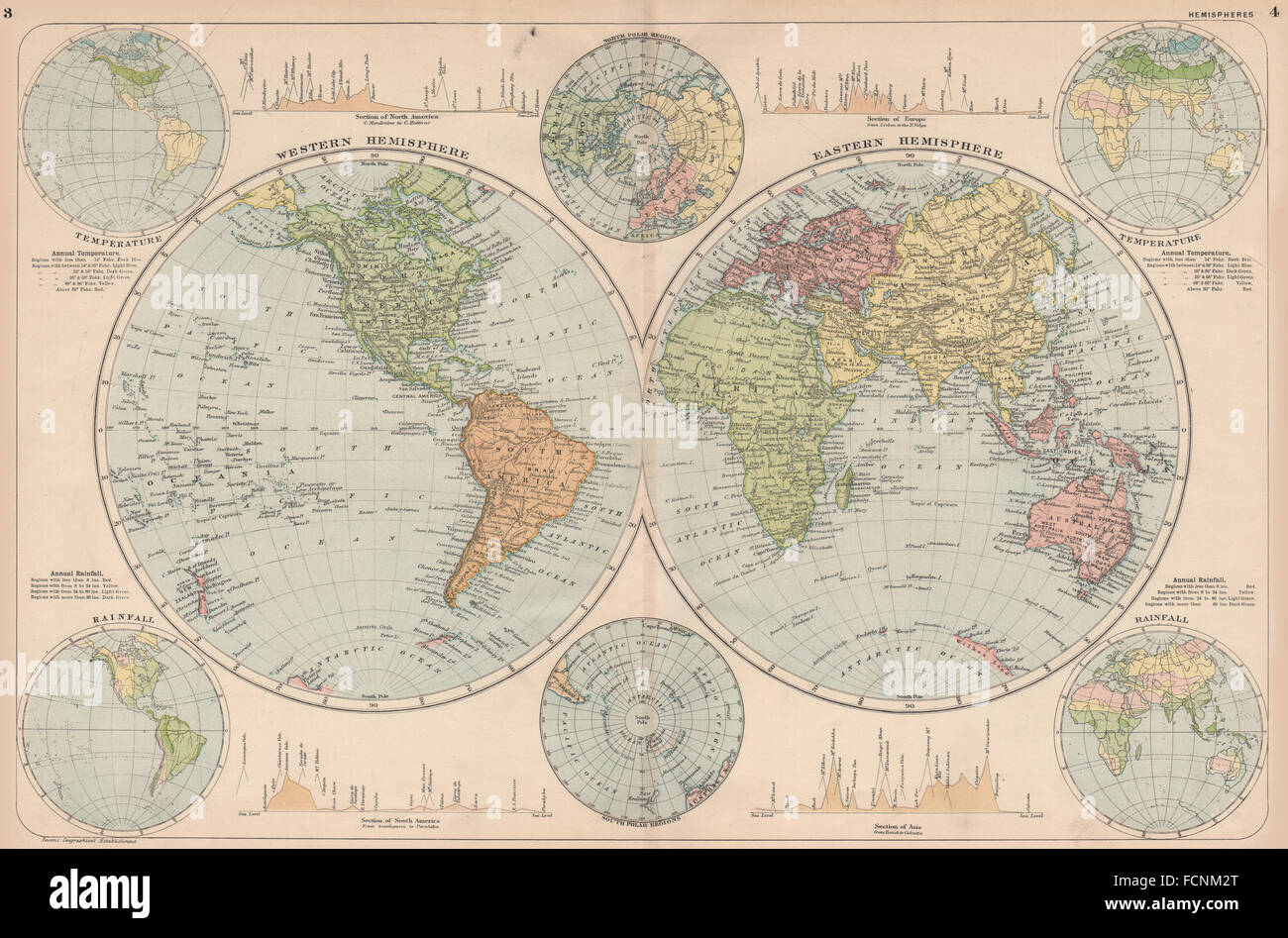 WORLD IN HEMISPHERES:Continental sections.Rainfall Polar regions.BACON ...