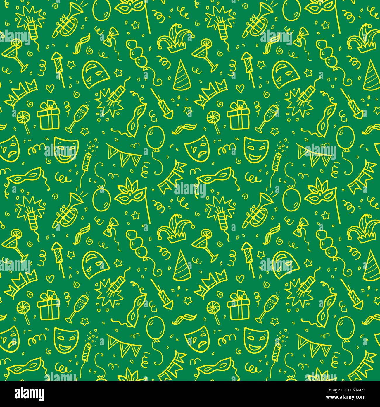 Yellow carnival symbols in doodle style on green background, vector ...