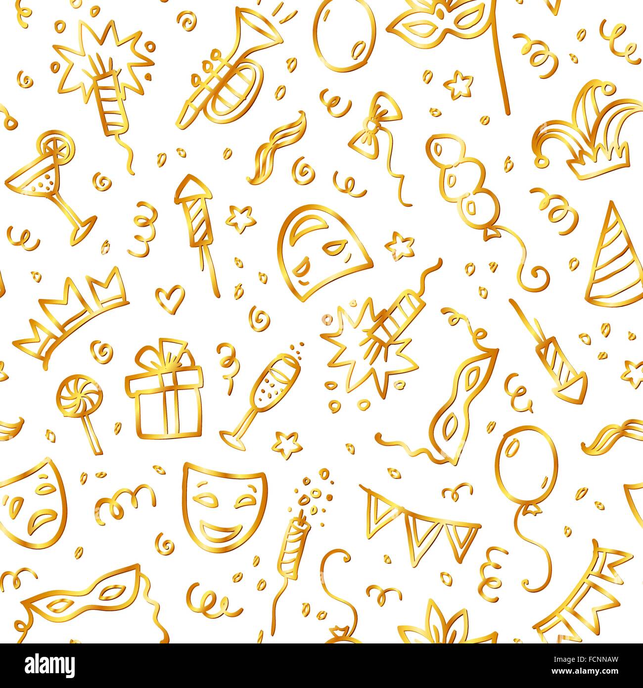 Golden carnival symbols in doodle style on white background, seamless ...