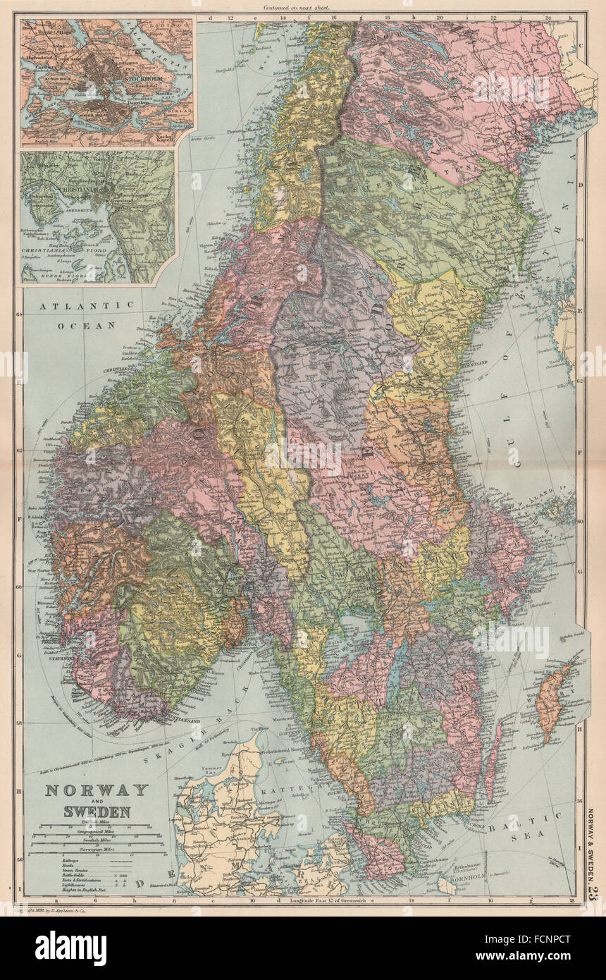 SCANDINAVIA:Norway & Sweden;Inset Stockholm & Christiania(Oslo).BACON ...