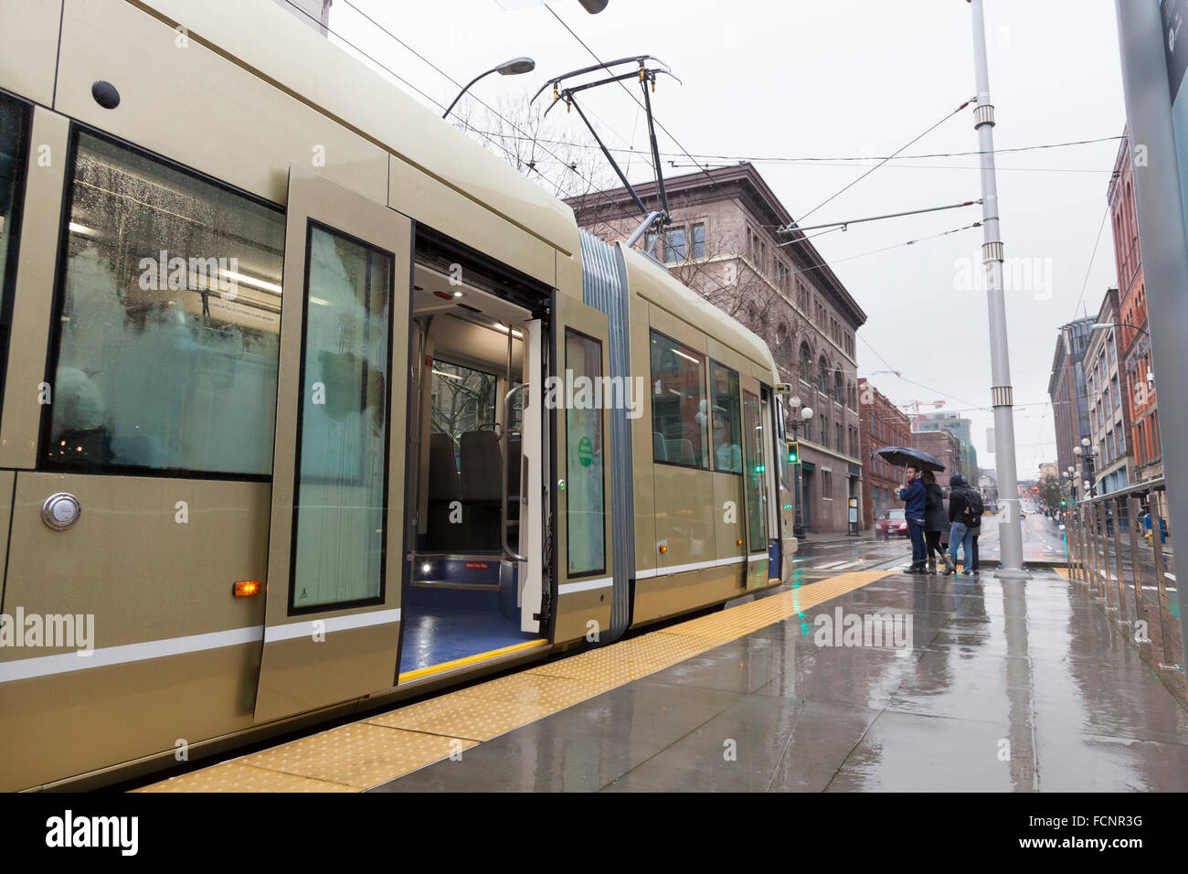 Seattle, USA. 23rd Jan, 2016. Streetcar parked at the Occidental Mall ...