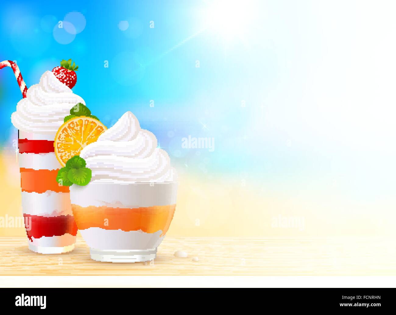 Sweet summer desserts on blurred seascape background Stock Vector Image ...