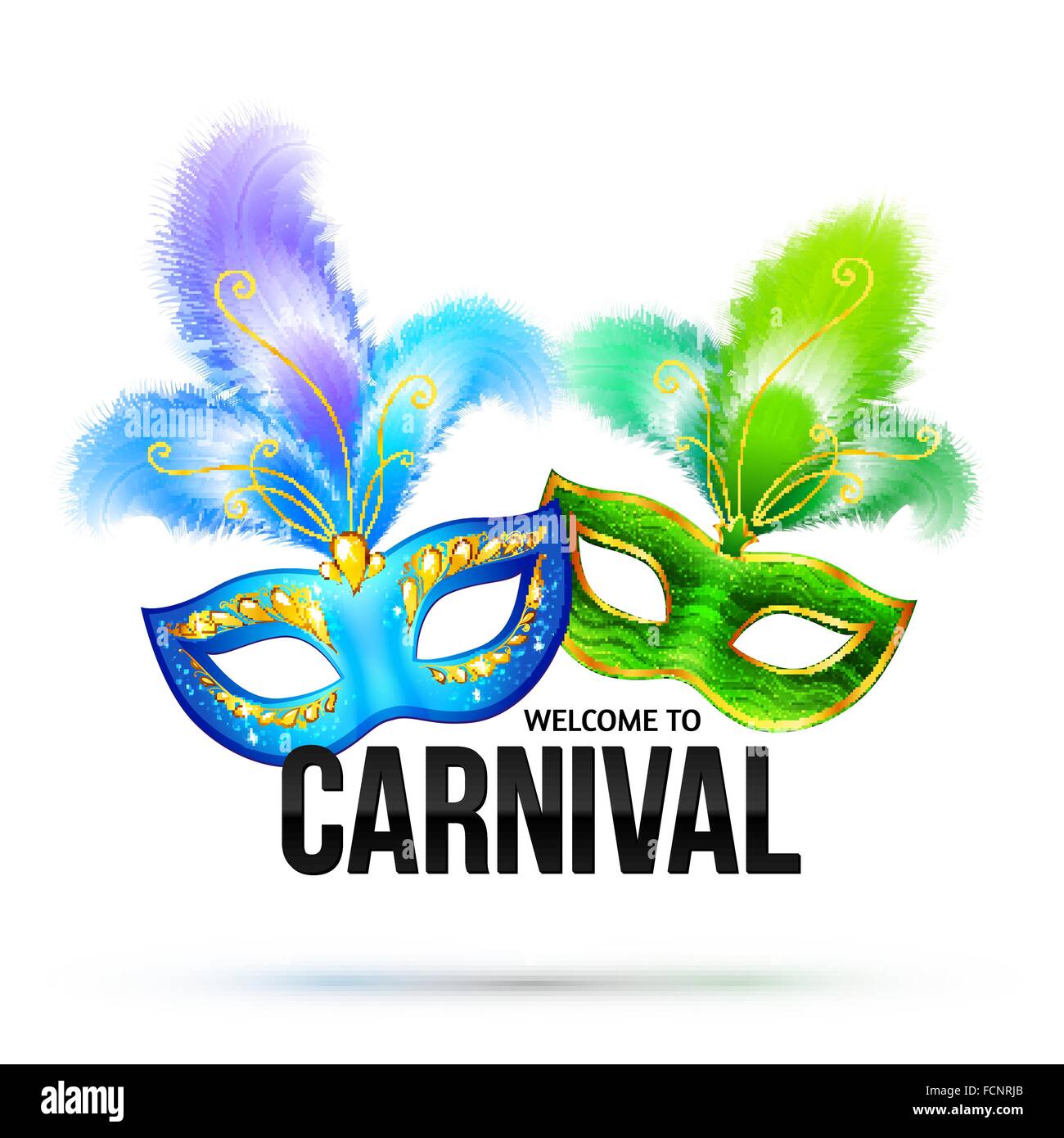 Bright carnival masks with feathers and black sign Welcome to Carnival ...