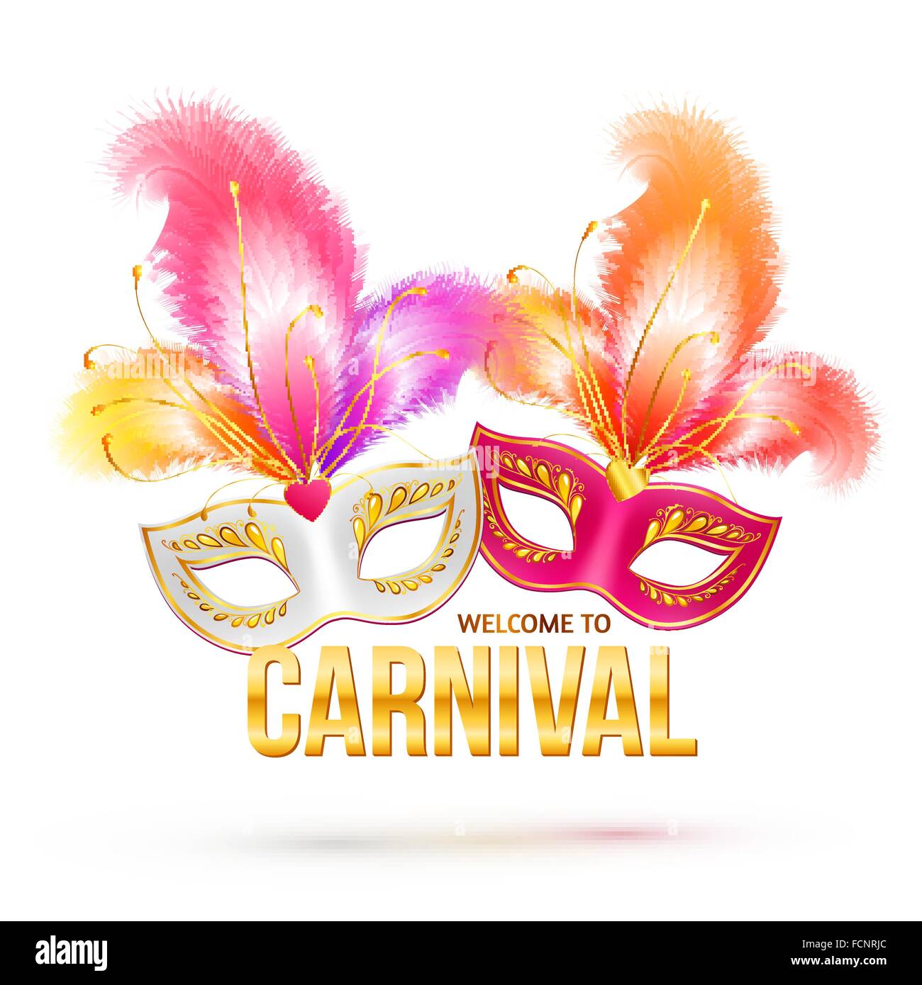 Bright carnival masks with feathers and golden sign Welcome to Carnival ...