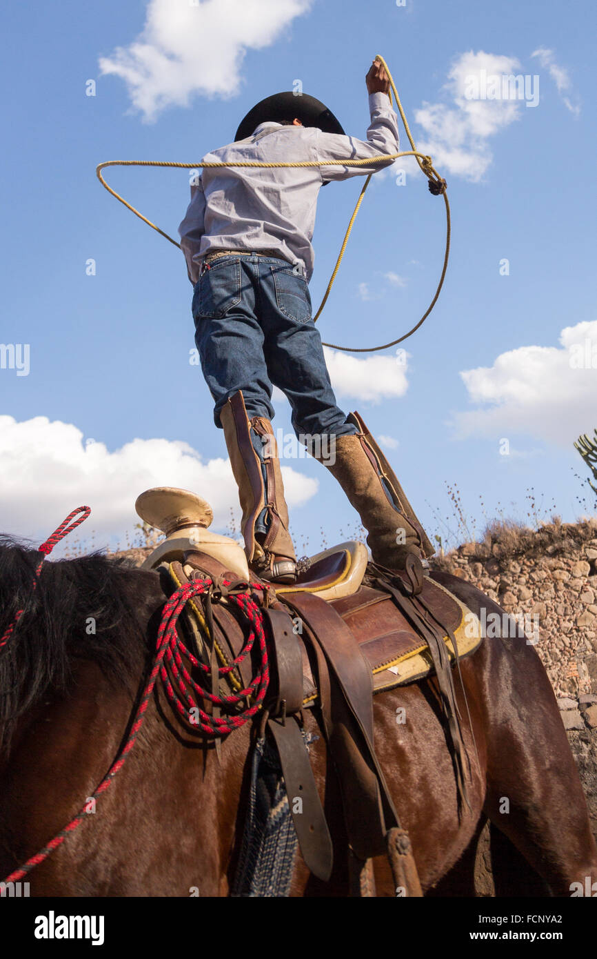 A Mexican charro or cowboy practices roping skills on his horse before ...