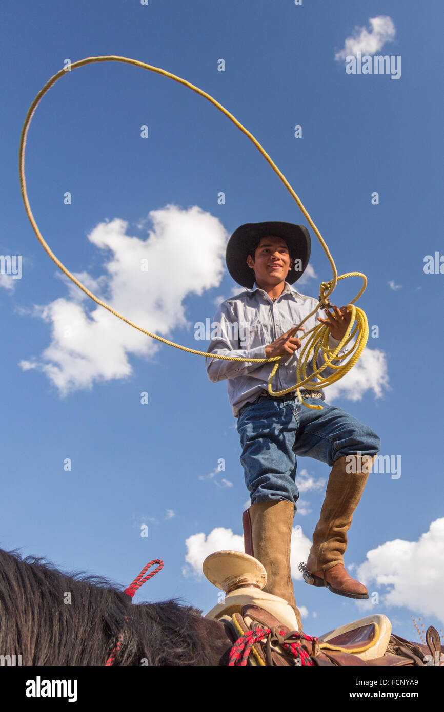 A Mexican charro or cowboy practices roping skills on his horse before ...