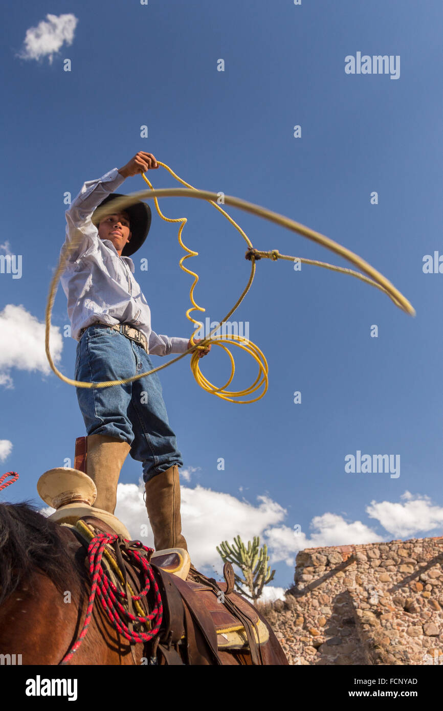 A Mexican charro or cowboy practices roping skills on his horse before ...
