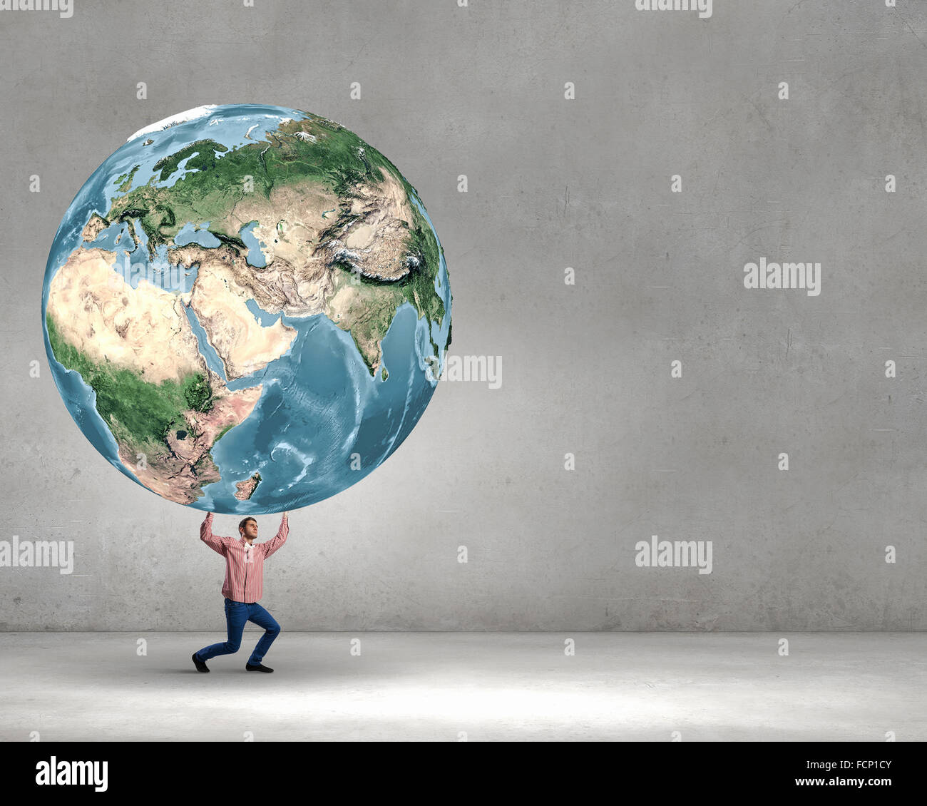 Young man lifting Earth planet above head. Elements of this image are ...