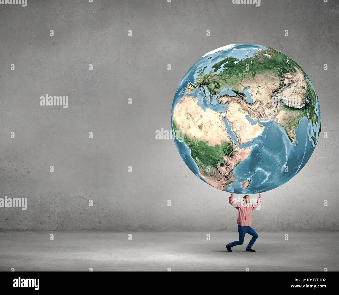 Young man lifting Earth planet above head. Elements of this image are ...