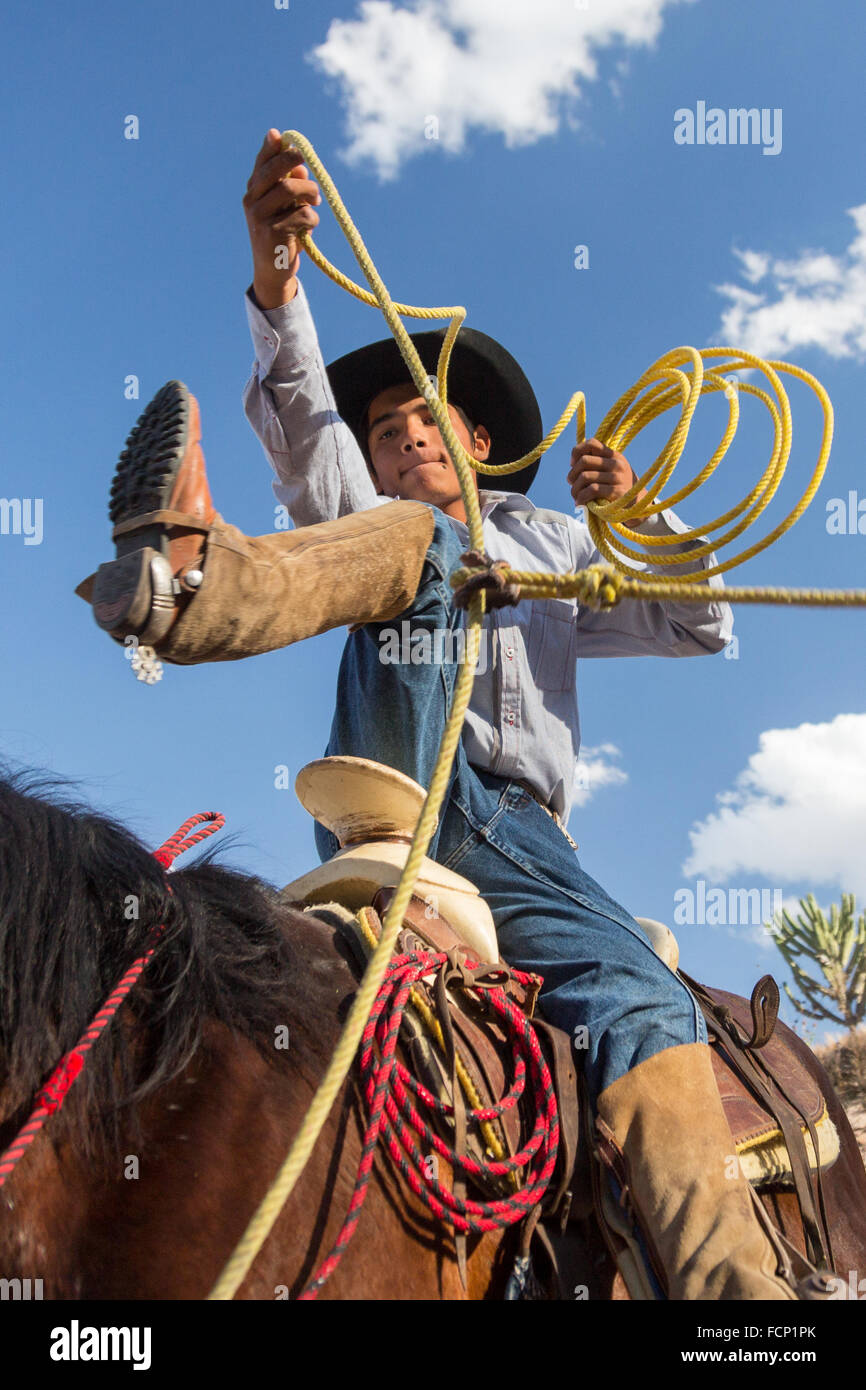 A Mexican charro or cowboy practices roping skills on his horse before ...