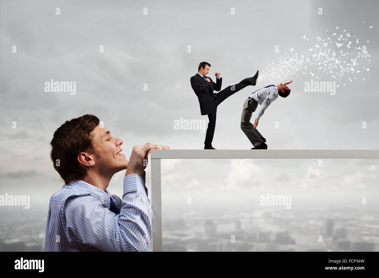 Young man looking from under table on two fighting colleagues Stock ...