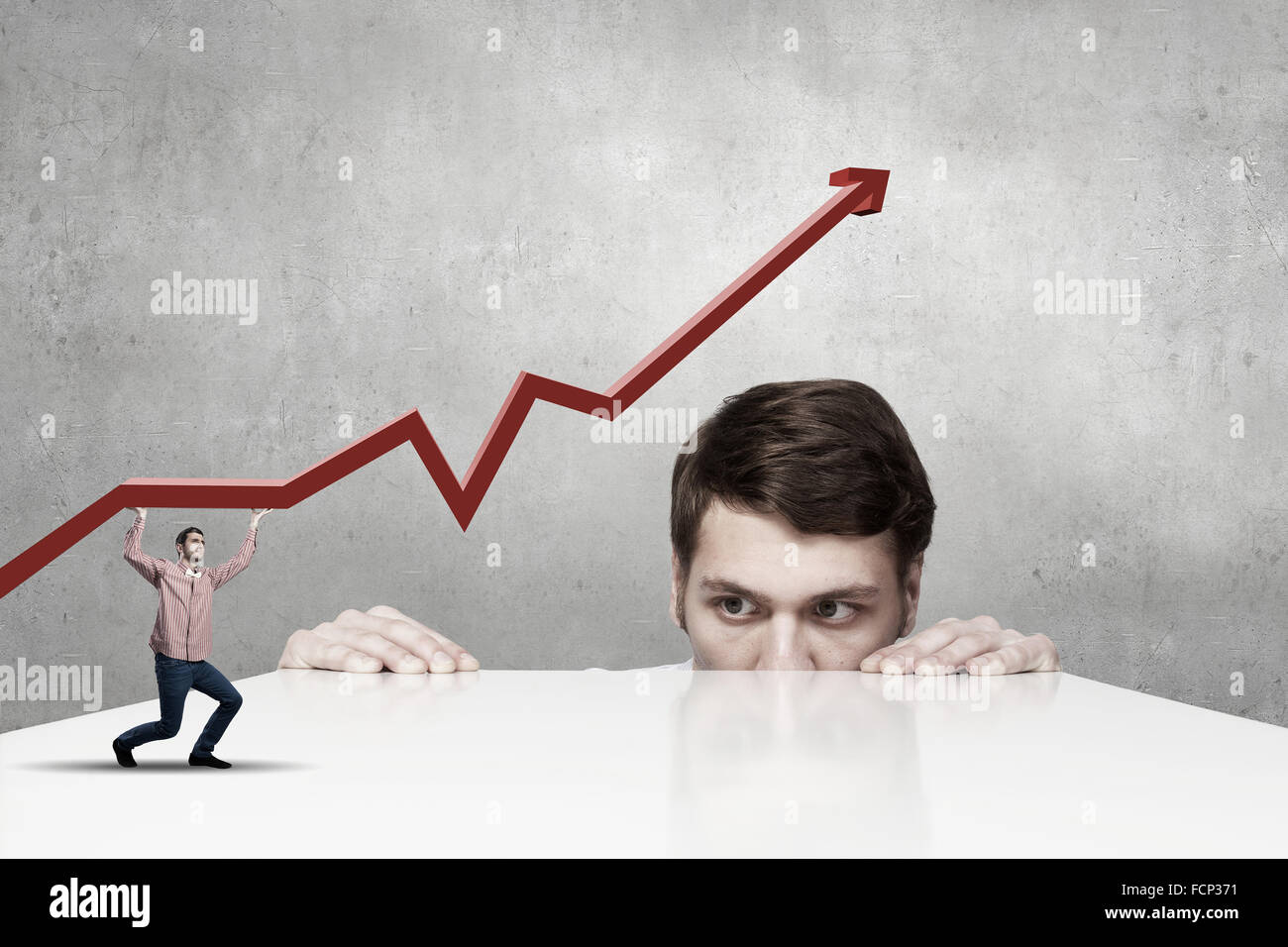 Young man looking from under table on man carrying arrow graph Stock ...