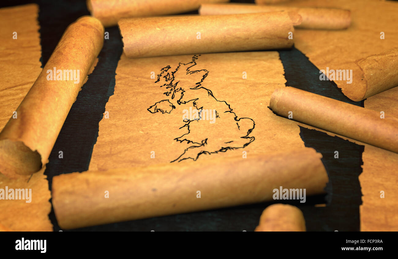 Britain UK Map Drawing Unfolding Old Paper Scroll 3D Stock Photo - Alamy