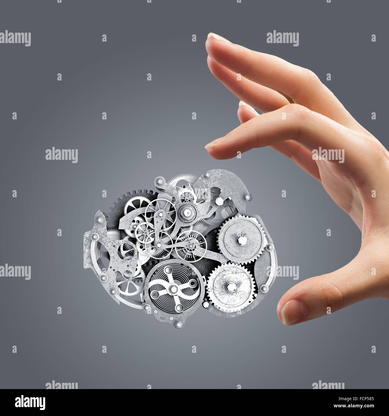 Close up human hand pointing at gears mechanism Stock Photo - Alamy