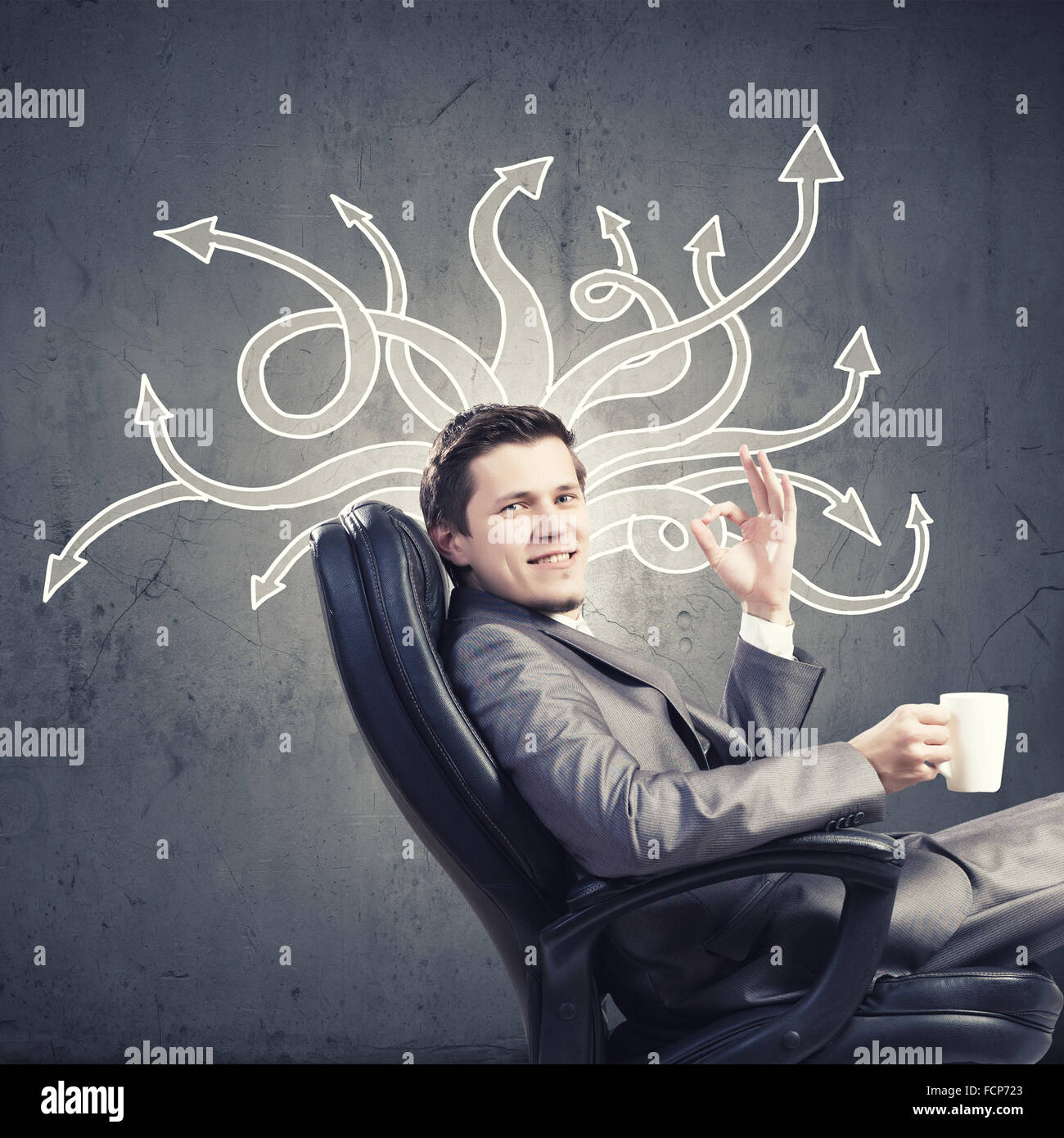 Thoughtful businessman with arrows and thoughts coming out of his head ...
