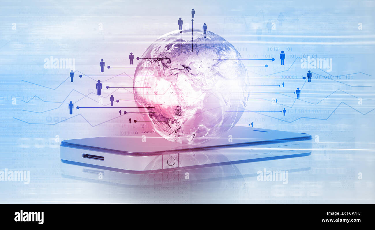 Modern communication technology concept with mobile phone on high tech ...