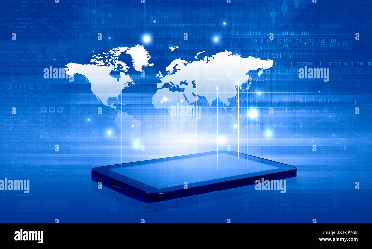 Modern communication technology concept with mobile phone on high tech ...