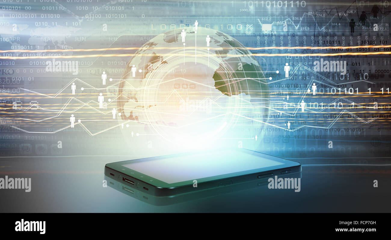 Modern communication technology concept with mobile phone on high tech ...