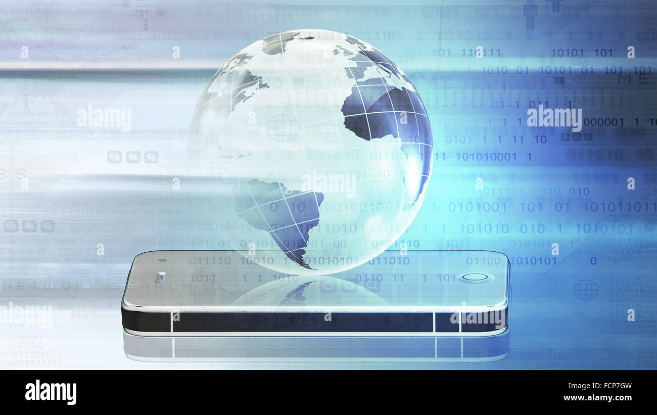 Modern communication technology concept with mobile phone on high tech ...