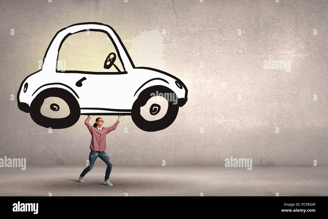 Young student girl lifting drawn car above head Stock Photo - Alamy