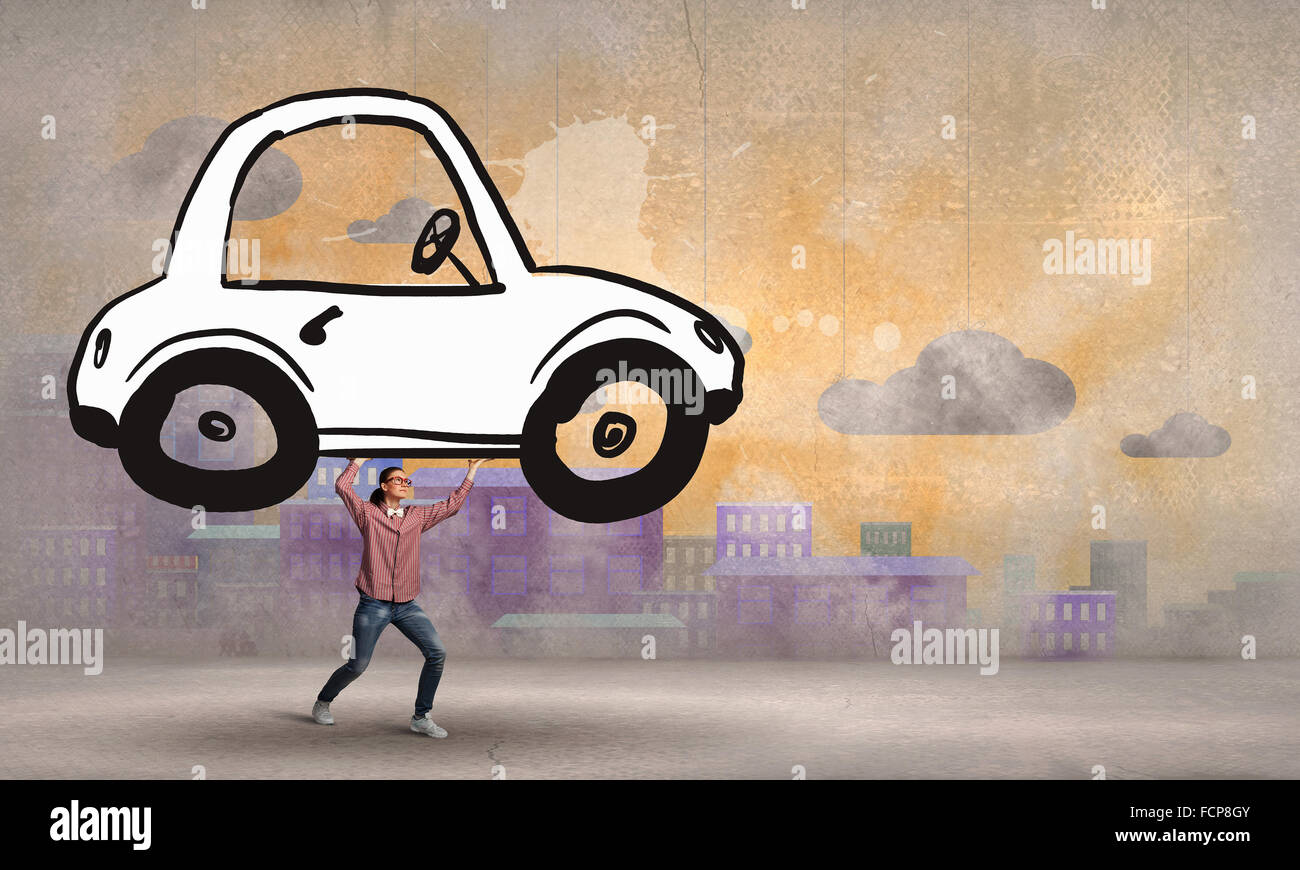 Young student girl lifting drawn car above head Stock Photo - Alamy