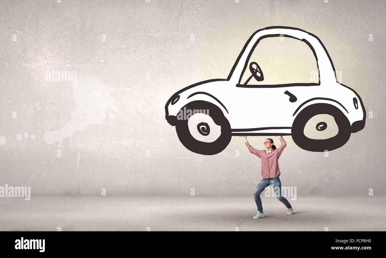 Young student girl lifting drawn car above head Stock Photo - Alamy